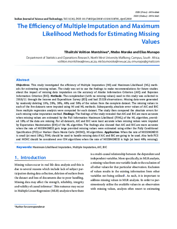(PDF) The efficiency of multiple imputation and maximum likelihood methods for estimating ...