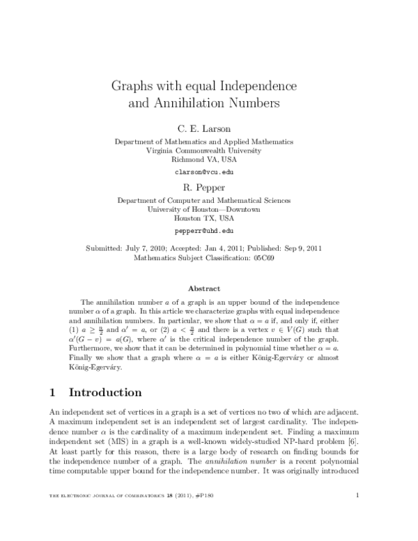 (PDF) Graphs with equal Independence and Annihilation Numbers