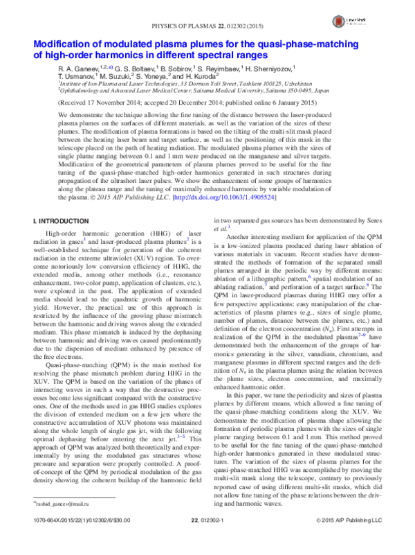 (PDF) Modification of modulated plasma plumes for the quasi-phase-matching of high-order ...