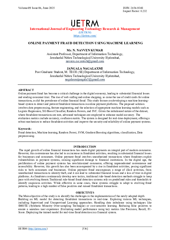 (PDF) ONLINE PAYMENT FRAUD DETECTION USING MACHINE LEARNING