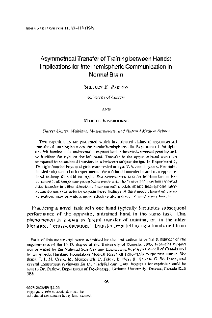 (PDF) Asymmetrical transfer of training between hands: Implications for ...