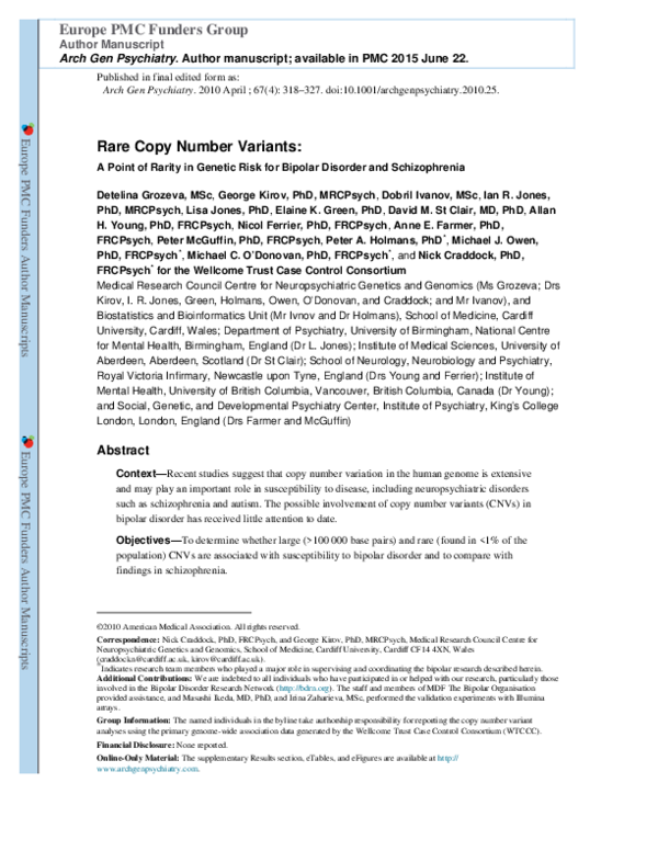(PDF) Rare Copy Number VariantsA Point of Rarity in Genetic Risk for Bipolar Disorder and ...