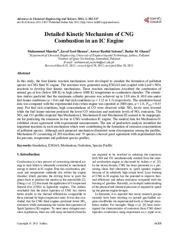 (PDF) Detailed Kinetic Mechanism of CNG Combustion in an IC Engine