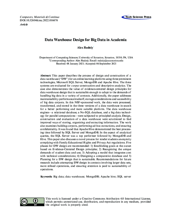 (PDF) Data Warehouse Design for Big Data in Academia