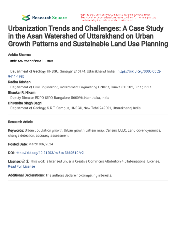 (PDF) Urbanization Trends and Challenges: A Case Study in the Asan Watershed of Uttarakhand on ...
