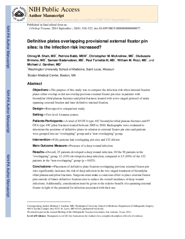(PDF) Definitive Plates Overlapping Provisional External Fixator Pin Sites
