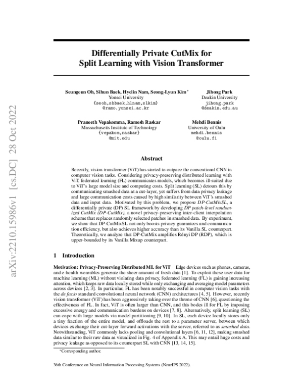 (PDF) Differentially Private CutMix for Split Learning with Vision Transformer