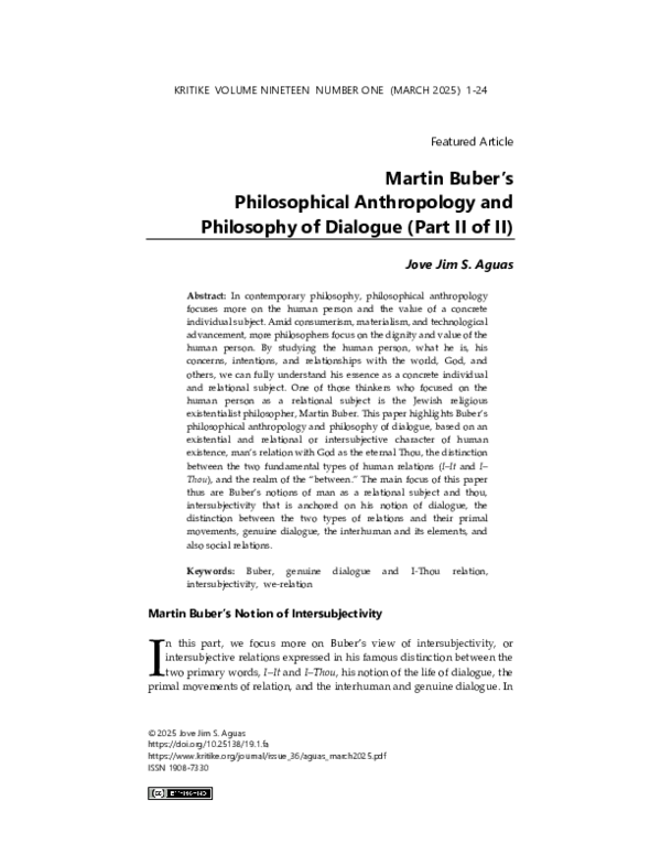 (PDF) Martin Buber's Philosophical Anthropology and Philosophy of ...