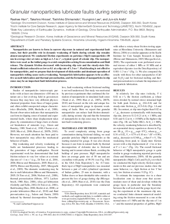 (PDF) Granular nanoparticles lubricate faults during seismic slip