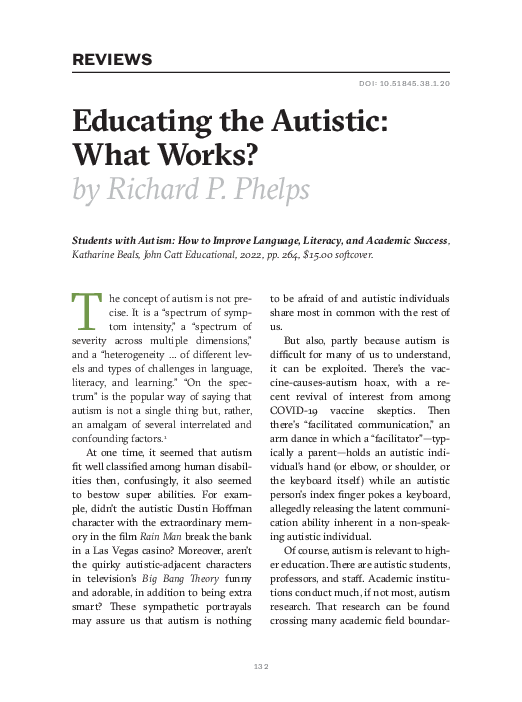 (PDF) Educating the Autistic: What Works? by Richard P. Phelps