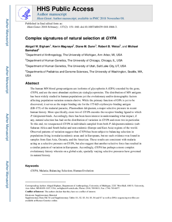 (PDF) Complex signatures of natural selection at GYPA