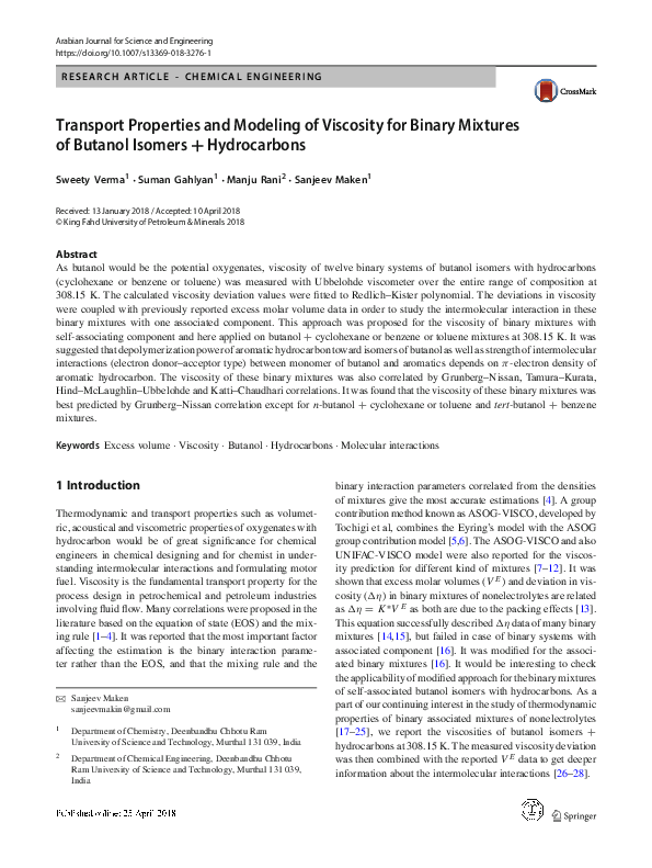 (PDF) Transport Properties and Modeling of Viscosity for Binary ...