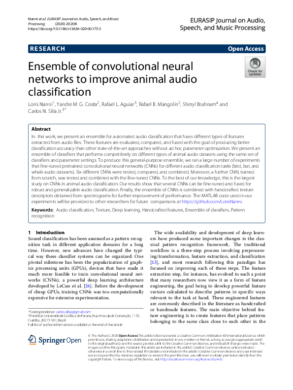 (PDF) Ensemble of convolutional neural networks to improve animal audio classification