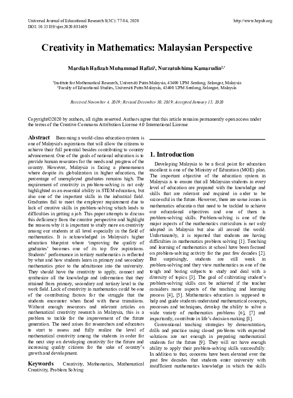 (PDF) Creativity in Mathematics: Malaysian Perspective