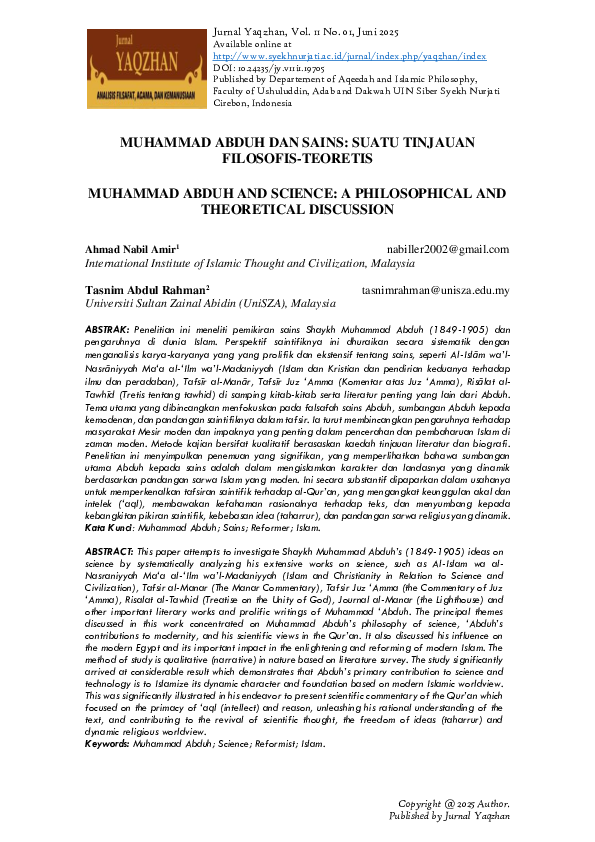 (PDF) MUHAMMAD ABDUH DAN SAINS: SUATU TINJAUAN FILOSOFIS-TEORETIS ...