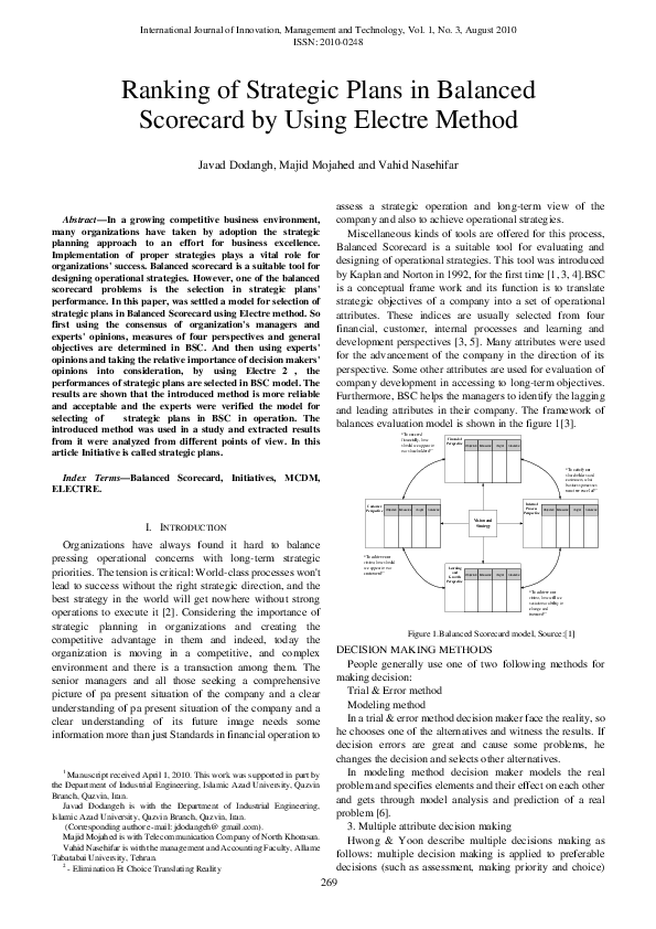 (PDF) Ranking of Strategic Plans in Balanced Scorecard by Using Electre ...