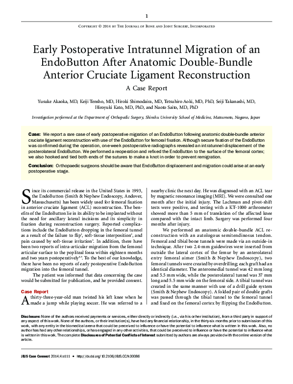 (PDF) Early Postoperative Intratunnel Migration of an EndoButton After ...