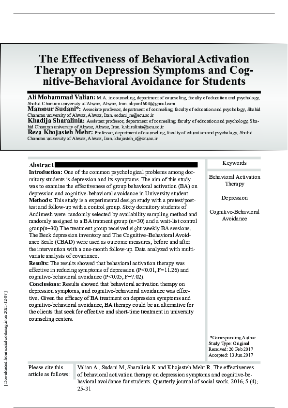 (PDF) The Effectiveness of Behavioral Activation Therapy on Depression Symptoms and Cognitive ...