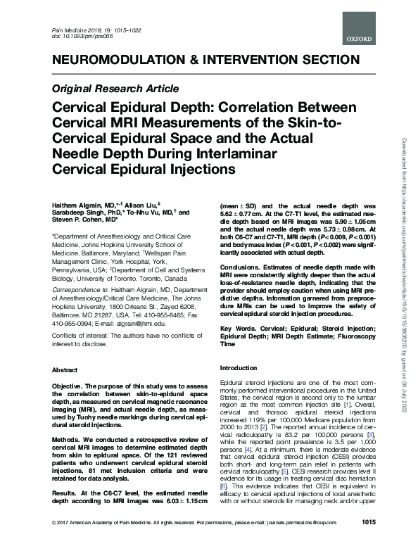 (PDF) Cervical Epidural Depth: Correlation Between Cervical MRI ...