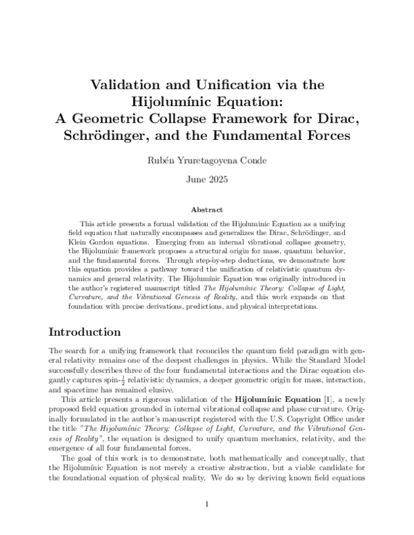 (PDF) Validation and Unification via the Hijolumínic Equation: A Geometric Collapse Framework ...