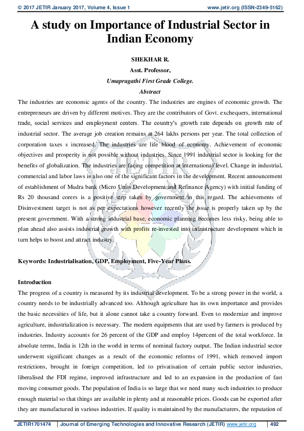 (PDF) A study on importance of Industrial Sector in Indian Economy