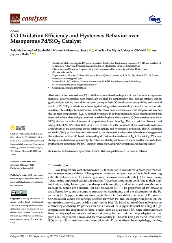 (PDF) CO Oxidation Efficiency and Hysteresis Behavior over Mesoporous ...