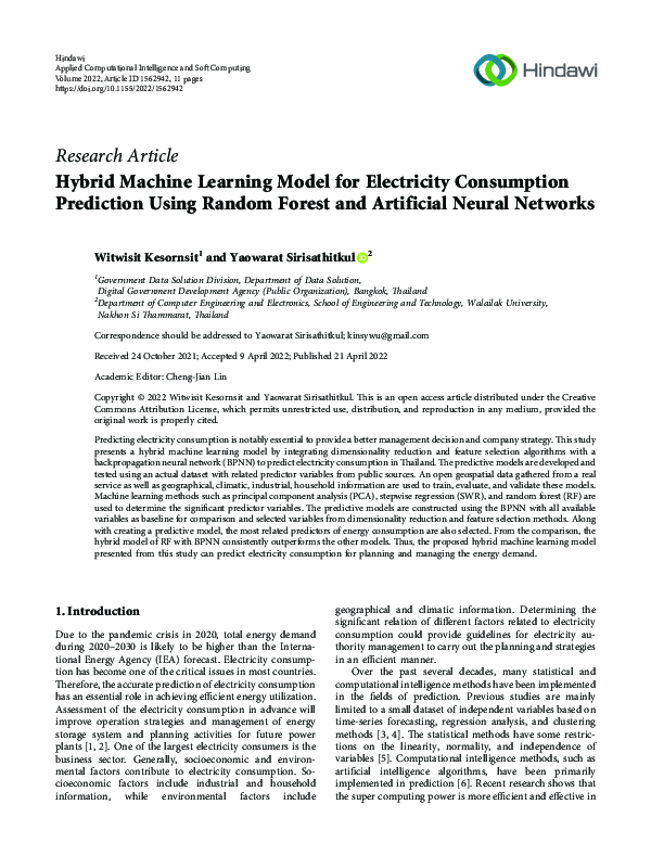 (PDF) Hybrid Machine Learning Model for Electricity Consumption Prediction Using Random Forest ...