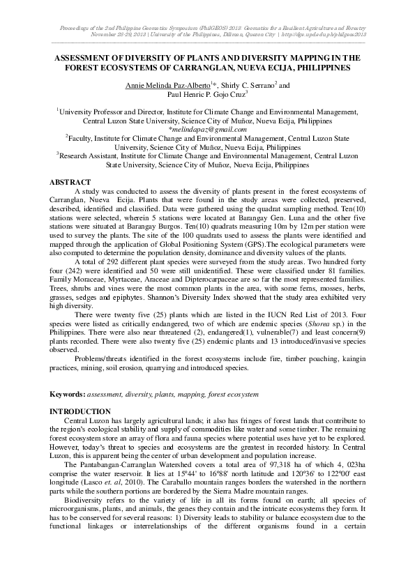 (PDF) Assessment of Diversity of Plants and Diversity Mapping in the Forest Ecosystems of ...