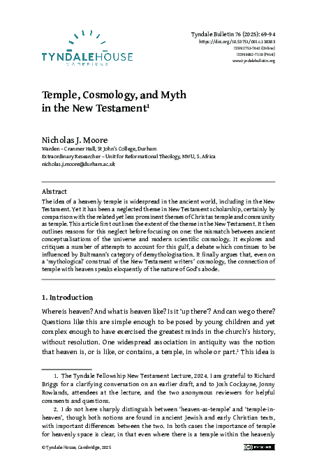 (PDF) ‘Temple, Cosmology, and Myth in the New Testament’, Tyndale ...