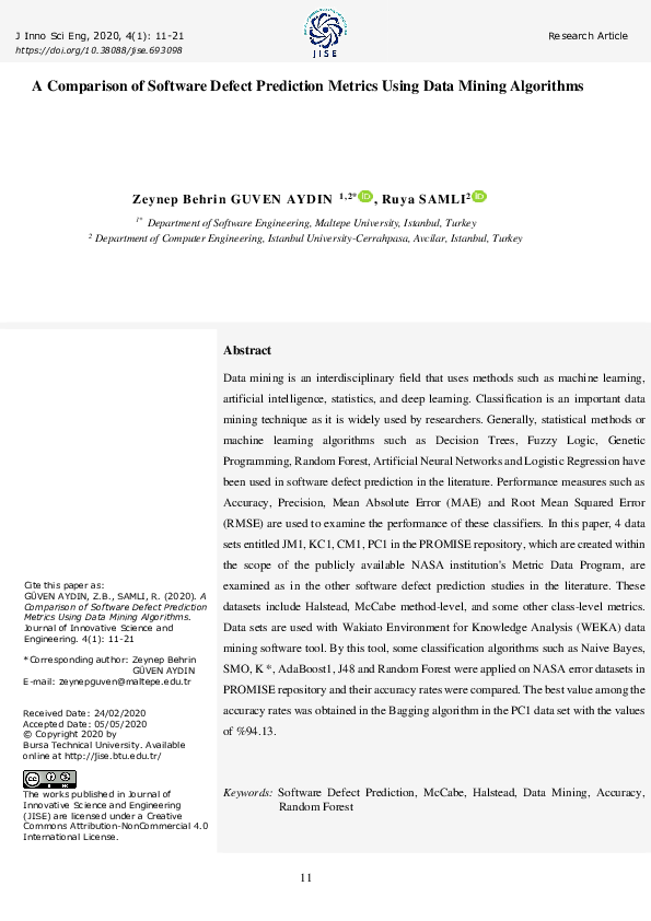 (PDF) A Comparison of Software Defect Prediction Metrics Using Data Mining Algorithms
