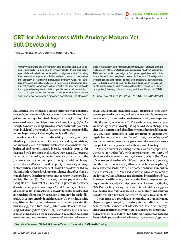 (PDF) CBT for Adolescents With Anxiety: Mature Yet Still Developing