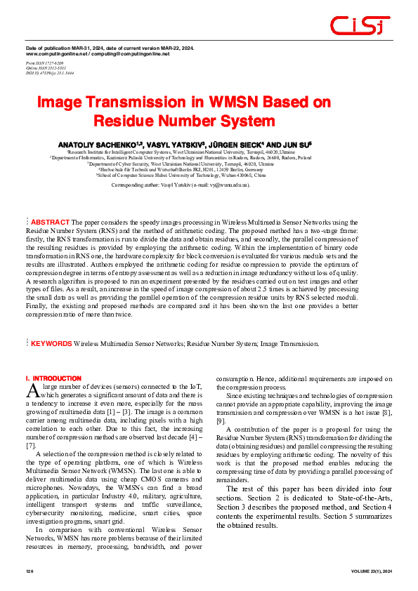 (PDF) Image Transmission in WMSN Based on Residue Number System