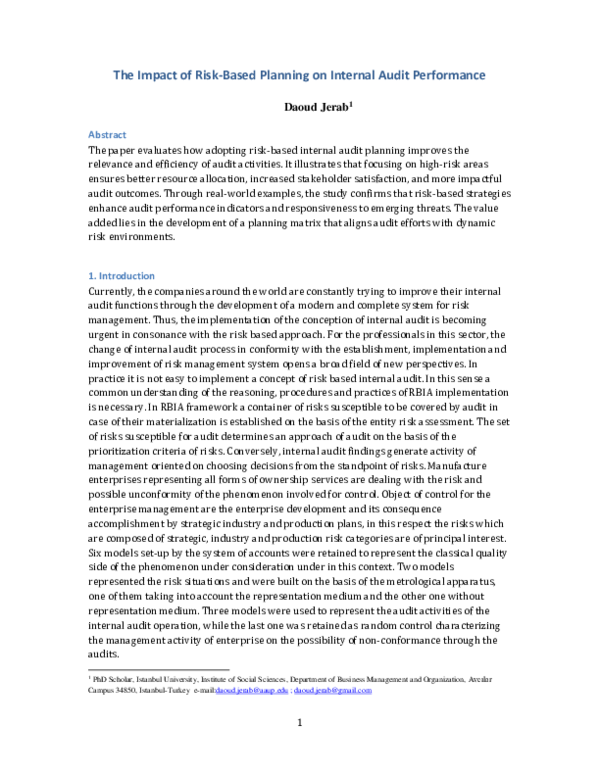 (PDF) The Impact of Risk-Based Planning on Internal Audit Performance