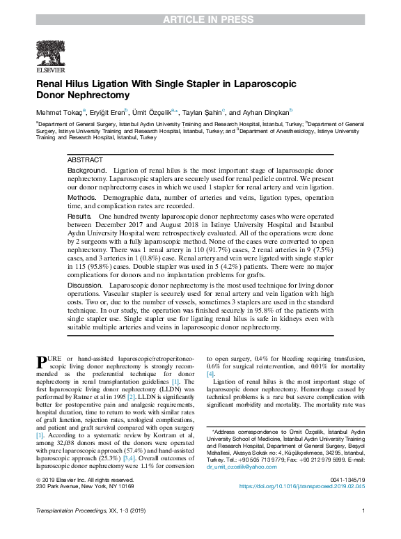 (PDF) Renal Hilus Ligation With Single Stapler in Laparoscopic Donor ...