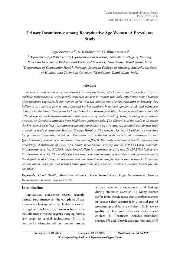 (PDF) Urinary Incontinence among Reproductive Age Women: A Prevalence Study