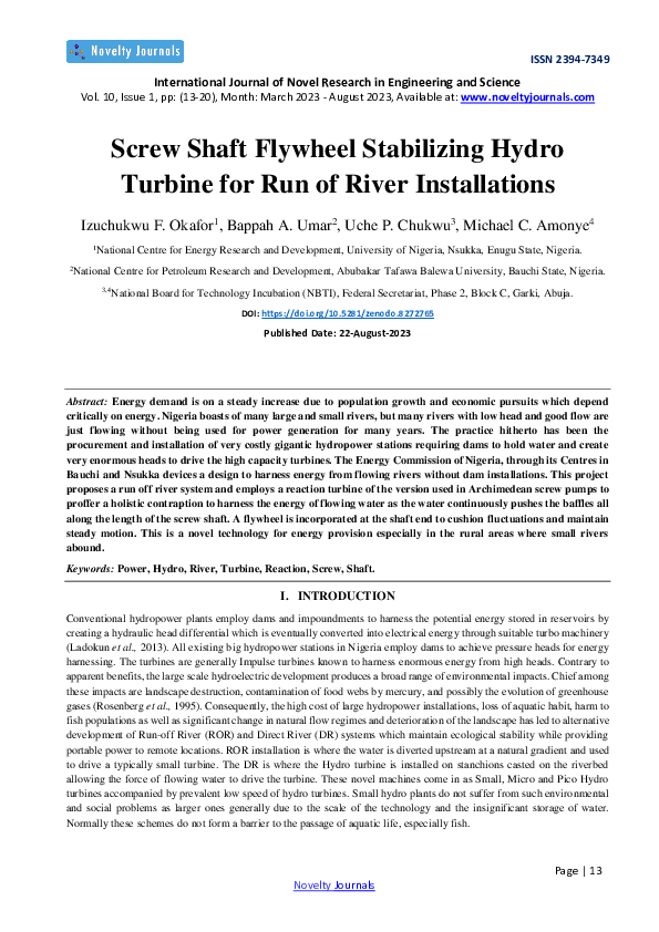 (PDF) Screw Shaft Flywheel Stabilizing Hydro Turbine for Run of River ...