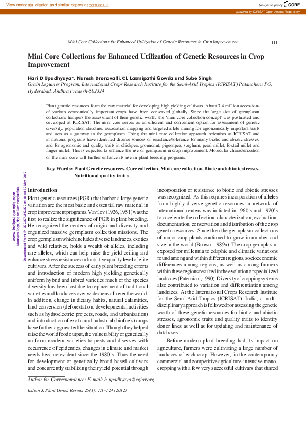 (PDF) Mini core collections for enhanced utilization of genetic resources in crop improvement
