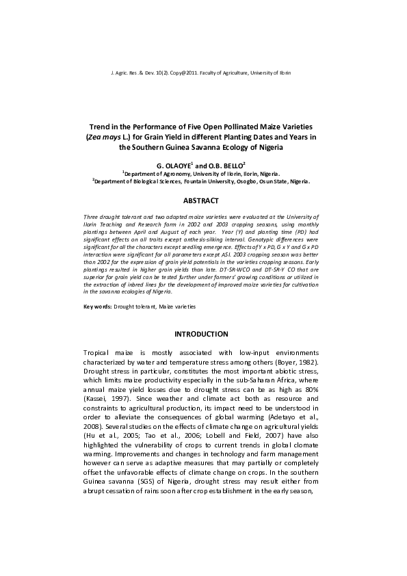 (PDF) Trend in the Performance of Five Open Pollinated Maize Varieties ...