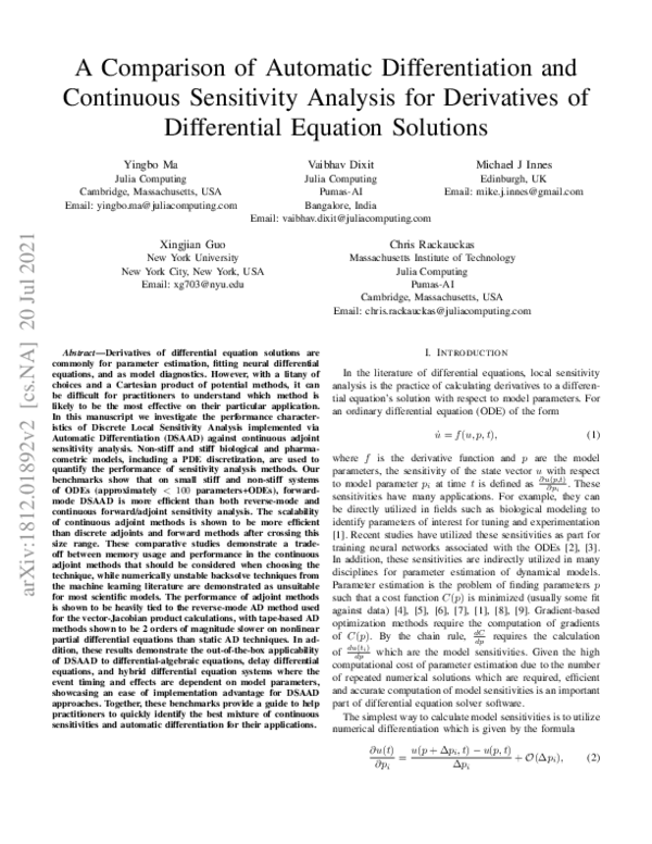 (PDF) A Comparison of Automatic Differentiation and Continuous Sensitivity Analysis for ...