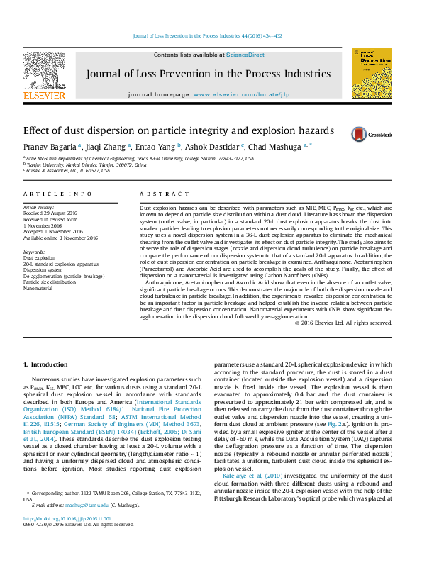 (PDF) Effect of dust dispersion on particle integrity and explosion hazards