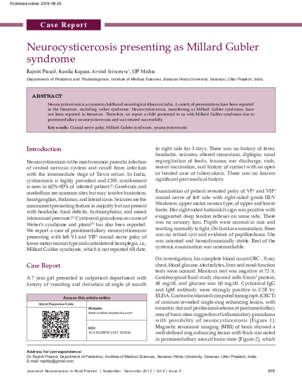 (PDF) Neurocysticercosis presenting as Millard Gubler syndrome