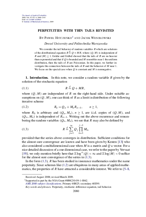 (PDF) Perpetuities with thin tails revisited