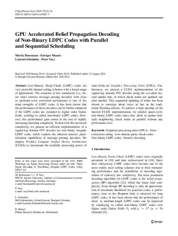(PDF) GPU Accelerated Belief Propagation Decoding of Non-Binary LDPC Codes with Parallel and ...