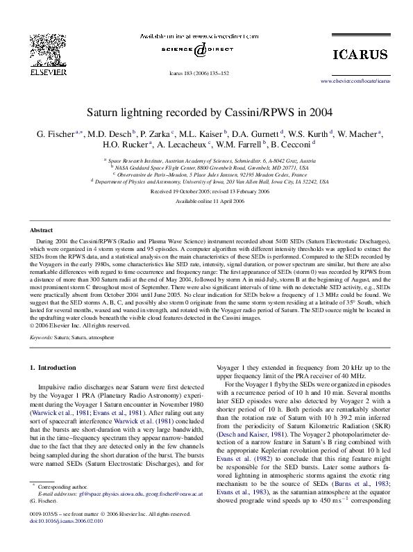 (PDF) Saturn lightning recorded by Cassini/RPWS in 2004