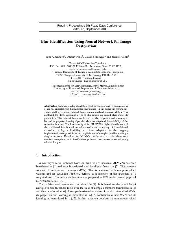 (PDF) Blur Identification Using Neural Network for Image Restoration