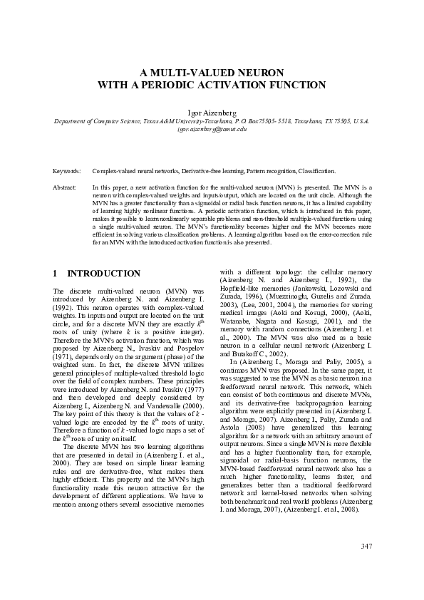 (PDF) Multi-Valued Neuron with a Periodic Activation Function