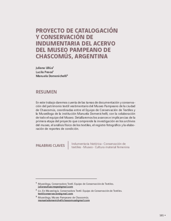 (PDF) PROYECTO DE CATALOGACIÓN Y CONSERVACIÓN DE INDUMENTARIA DEL ...