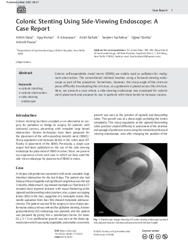 (PDF) Colonic Stenting Using Side-Viewing Endoscope: A Case Report