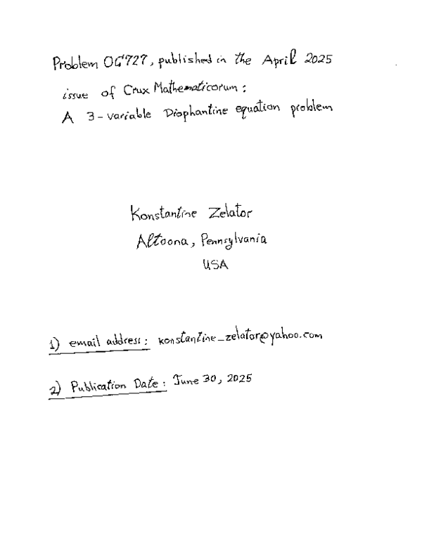(PDF) Problem OC727, published in the April 2025 issue of Crux Mathematicorum: A 3 - variable ...