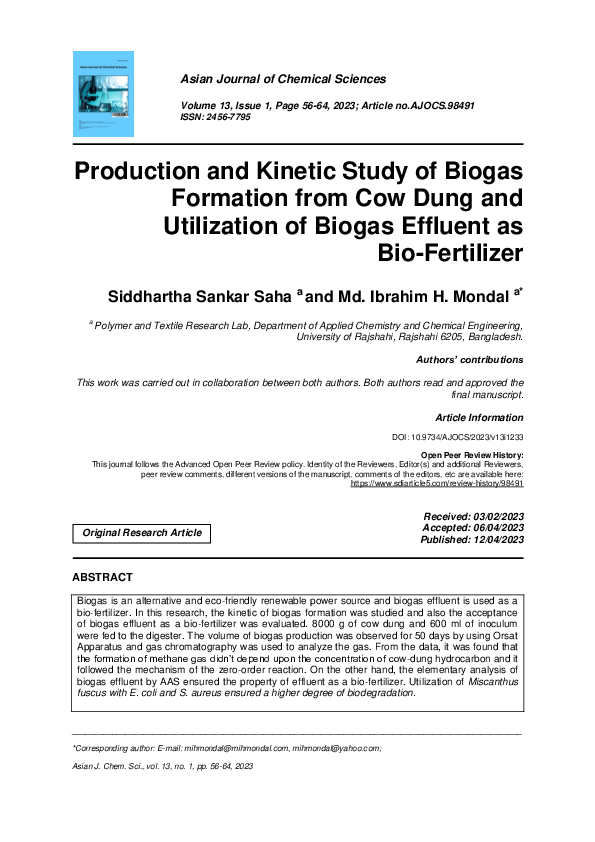 (PDF) Production and Kinetic Study of Biogas Formation from Cow Dung ...